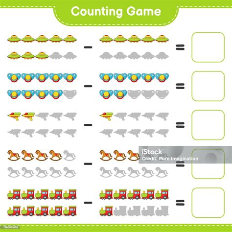 카운트 앤 매치 기차 Ufo 젖꼭지 물 총 흔들 말의 수를 계산하고 올바른 숫자와 일치합니다 교육 어린이 게임 인쇄 워크 시트 벡터 일러스트레이션 0명에 대한 스톡 벡터