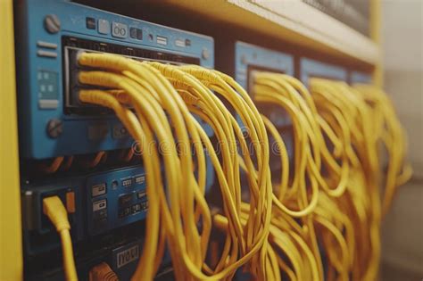 Server Room With Organized Bundles Of Yellow Cables Connected To Network Panels Visualizing
