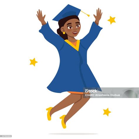 졸업식 날 드레스를 입은 흑인 소녀 망토 사각형 학업 모자를 쓰고 졸업합니다 곱슬 머리에 대한 스톡 벡터 아트 및 기타 이미지 곱슬 머리 공부 공휴일 Istock