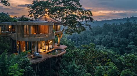 Luxury Treehouse Villa With Infinity Pool Overlooking Lush Jungle At Sunset Premium AI