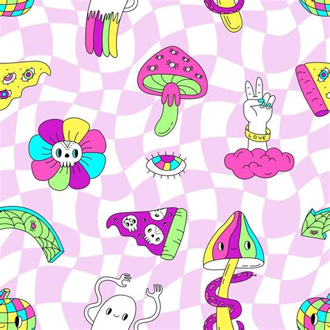Colorful Hand Mushrooms Dance Ghist Pumpkin Disco Ball Checkerboard Seamless Pattern For Print
