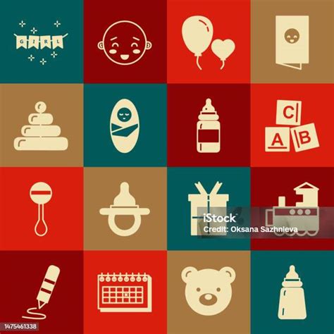아기 젖병 장난감 기차 Abc 블록 풍선 형태의 심장 신생아 유아 포대기 피라미드 장난감 깃발과 아이콘이 있는 카니발 화환을 설정합니다 벡터 아이콘에 대한 스톡 벡터 아트