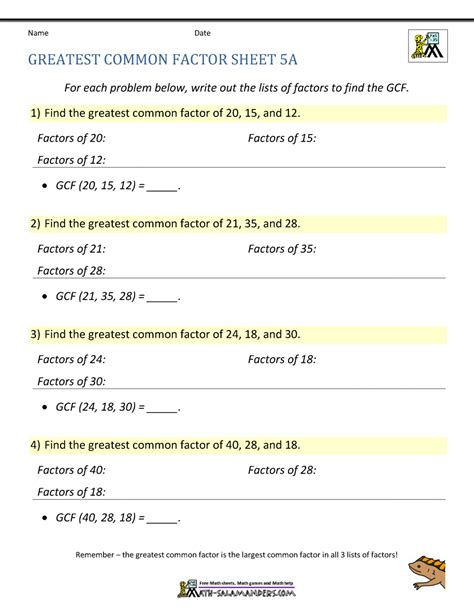 Greatest Common Factor Worksheet Page