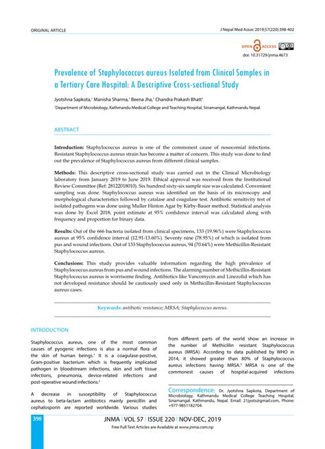 Pdf Prevalence Of Staphylococcus Aureus Isolated From Clinical