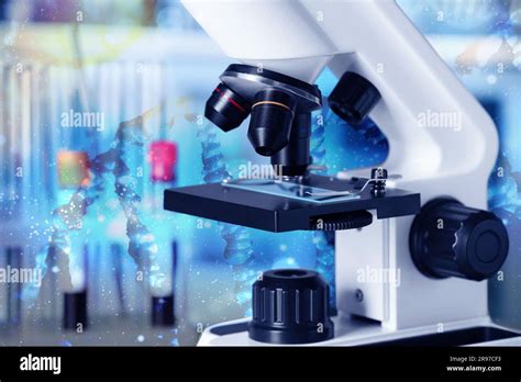 Genetic Testing Microscope And Illustration Of Dna Structure In Genetic Testing Microscope And Illustration Of Dna Structure In