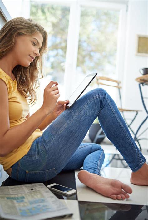 Woman Tablet And Reading With Smile On Kitchen Floor For Typing