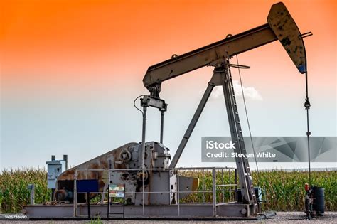 시골 중서부 옥수수밭의 열린 하늘을 배경으로 한 오일 펌프 잭 0명에 대한 스톡 사진 및 기타 이미지 0명 기체 물리 구조 농업 Istock