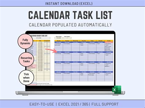 Excel Calendar Based Task List Task Management Automated Download Template Task Tracker And