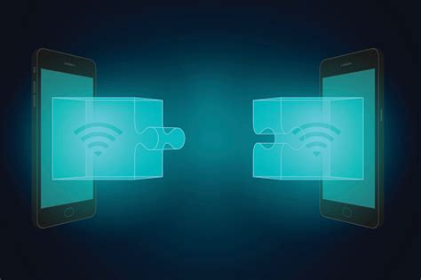 빛이 함께 직소 퍼즐 3d 및 Wifi 기호 설정 Wifi 분리 개념 아이디어 그림 고립 된 어두운 배경과 복사 공간에서에서 두 스마트폰 0명에 대한 스톡 벡터 아트 및