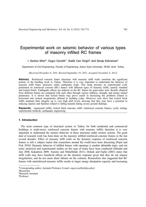 Pdf Experimental Work On Seismic Behavior Of Various Types Of Masonry Infilled Rc Frames