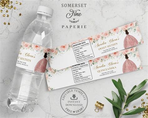 Blush Pink Floral Quinceanera Water Bottle Label EDITABLE TEMPLATE Th Th Birthday Wrapper