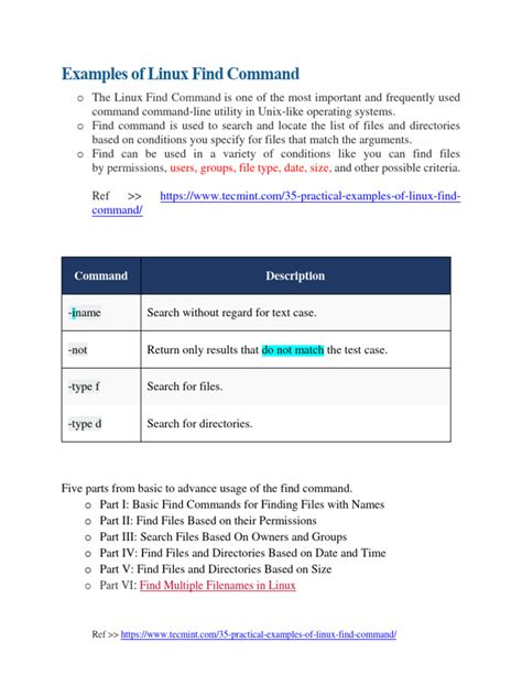 Examples Of Linux Find Command Pdf Computer File Computing