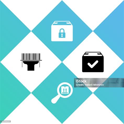 스캐너 스캔 바코드 패키지 검색 잠금 및 패키지 상자에 확인 표시 아이콘을 설정합니다 벡터 감시에 대한 스톡 벡터 아트 및 기타