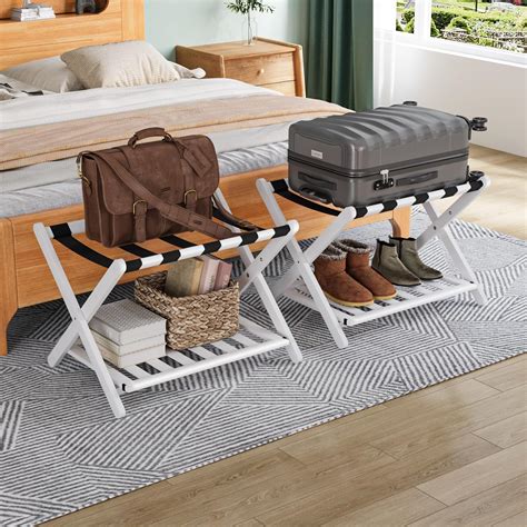 Smuxee Fully Assembled White Luggage Rack Pack Of 2 Bamboo Foldable Suitcase Stand