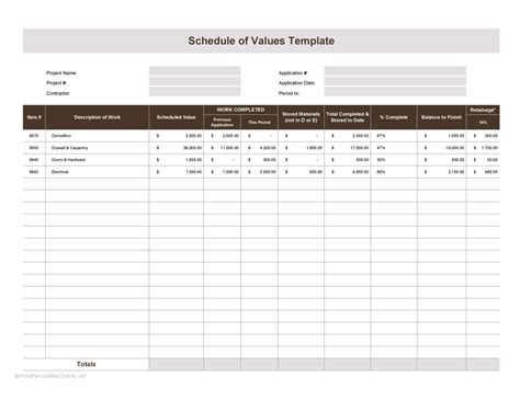 Free Schedule Of Value Templates Excel Word