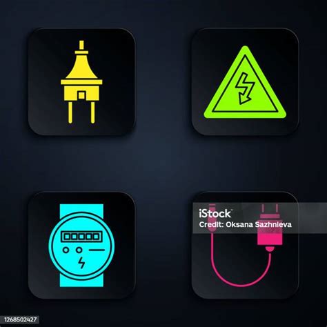 충전기 전기 플러그 전기 계량기 및 고전압 기호를 설정합니다 검은 색 사각형 버튼 벡터 검은색에 대한 스톡 벡터 아트 및 기타 이미지 Istock