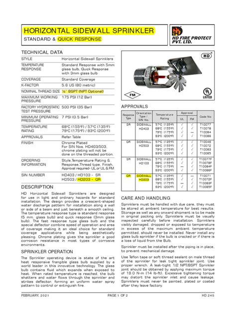 Hd245 Side Wall Sprinkler Pdf Fire Sprinkler System