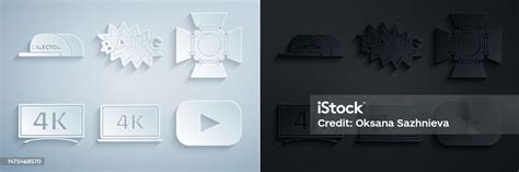 4k 비디오 기술 영화 스포트라이트 재생 뱅 붐 텍스트 말풍선 풍선 및 모자 비문 감독 아이콘으로 노트북 화면을 설정합니다 벡터 3차원 형태에 대한 스톡 벡터 아트 및 기타