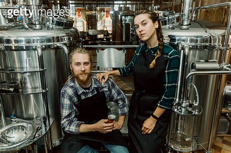 Portrait Of Brewery Workers Male And Female Brewer At Brewery Factory K Small Business