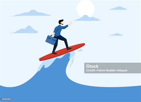 비즈니스 트렌드 또는 모멘텀 전문 경험이 풍부한 근로자 또는 경력 개발 개념 어려움을 극복하기 위한 도전 기업가 전문가 서핑 또는 성공의 파도를 따르십시오 가리키기에 대한