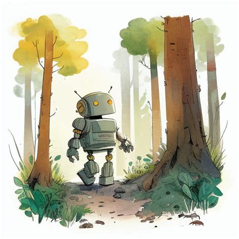 Premium Photo Robot Walks Through The Forest Watercolor Style