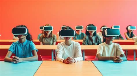 Students Attending Virtual Classes With Vr Headsets In A Digital Classroom Premium Ai Students Attending Virtual Classes With Vr Headsets In A Digital Classroom Premium Ai