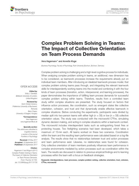 Complex Problem Solving In Teams The Impact Of Collective Orientation On Team Process Demands