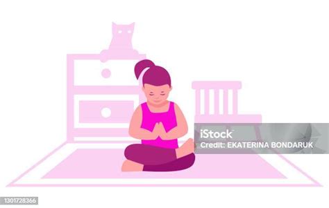 어린 소녀는 방 의 내부의 배경에 요가를 연습 체조의 개념 아이들을위한 건강한 라이프 스타일 플랫 스타일의 벡터
