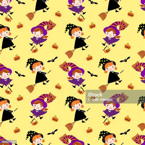밝은 노란색 바탕에 귀여운 마녀 소녀입니다 할로윈에 대 한 완벽 한 패턴 10월에 대한 스톡 벡터 아트 및 기타 이미지 10월 갈색 검은색 Istock
