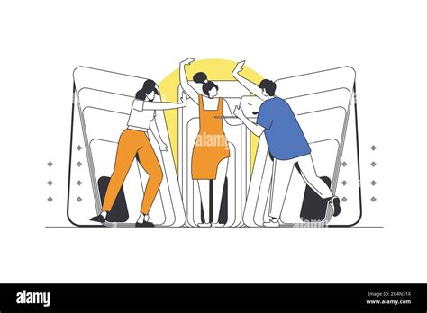 Developers Team Web Concept In Flat Outline Design With Characters Man And Woman Developing