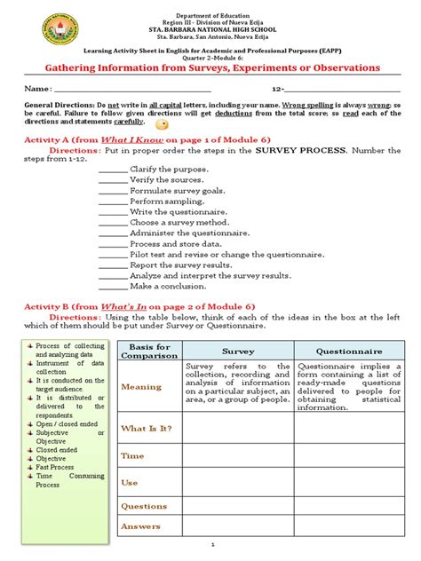 Eapp Q2 Mod 6 Gathering Info Fr Surveys Experiments Or Observations Las Pdf Survey
