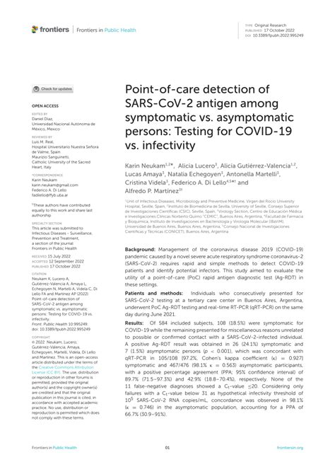 Pdf Point Of Care Detection Of Sars Cov 2 Antigen Among Symptomatic Vs Asymptomatic Persons