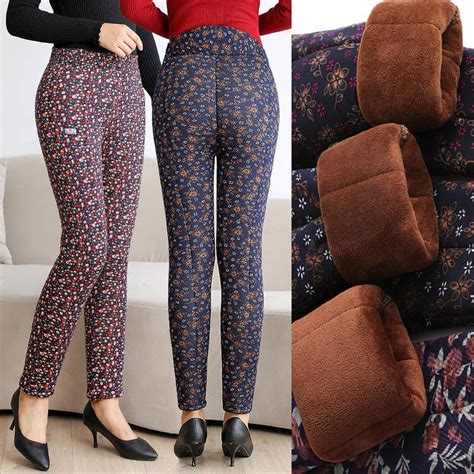 Winter Womens Print Warm Slim Thicken Pants High Waist Thicken Protect