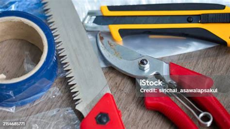 톱 칼 가지 치기 가위를 포함한 나무 테이블 위의 다양한 도구 세트 그리고 가지치기 나무를 위한 플라스틱 테이프 0명에 대한 스톡 사진 및 기타 이미지 Istock