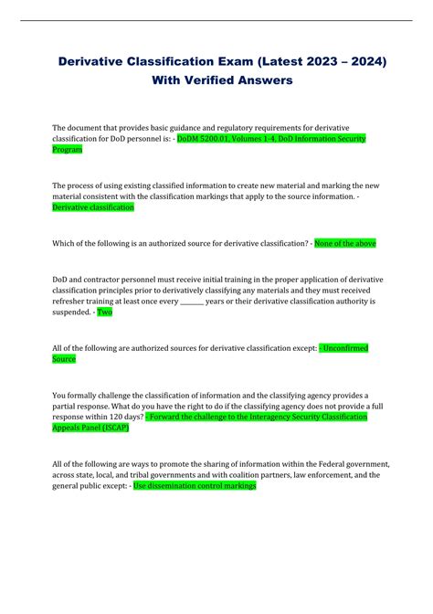 Derivative Classification Exam Latest 2023 2024 With Verified Answers Derivative