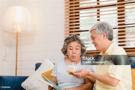 집에서 거실에서 아내의 생일을 축하하는 케이크를 들고있는 아시아 노인 부부 남자 일본 커플은 집에서 함께 사랑의 순간을 즐긴다