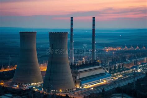 View From Afar Of A Nuclear Power Plant Operating Nuclear Reactors Against The Backdrop Of