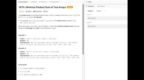 1874 Minimize Product Sum Of Two Arrays Youtube