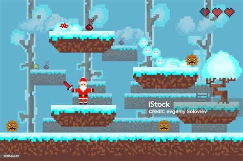 컴퓨터 픽셀 게임 인터페이스 산타 클로스 캐릭터 8 비트 보기 비디오 게임에서 영웅 전투 눈이 있는 픽셀 겨울 비디오 게임에 대한 스톡 벡터 아트 및 기타 이미지 Istock