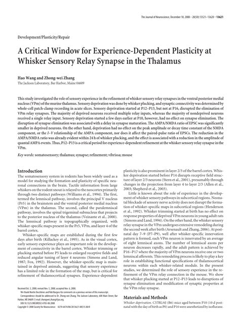 Pdf A Critical Window For Experience Dependent Plasticity At Whisker Sensory Relay Synapse In