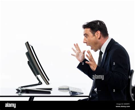 Relationship Between A Caucasian Man And A Computer Display Monitor On Isolated White Background