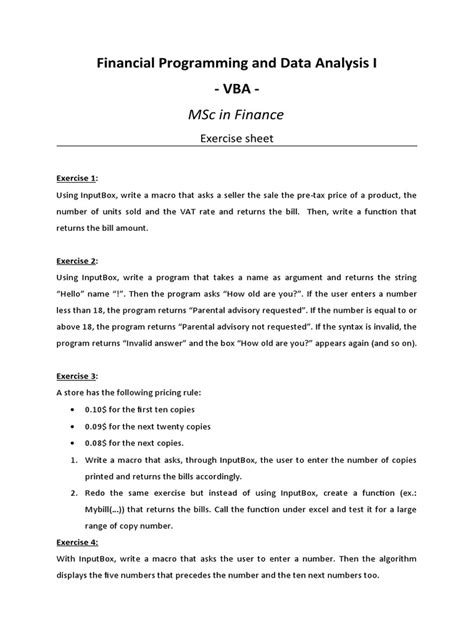 Financial Programming And Data Analysis I Vba Msc In Finance Pdf Microsoft Excel Net