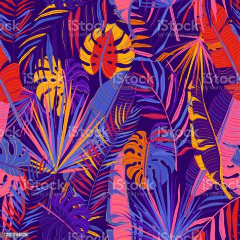 열대 지방의 이음새가 없는 패턴 벡터 배경으로 어두운 배경에 밝은 색상의 열대 잎이 있습니다 심플한 모던 플랫 스타일의 멋진 꽃