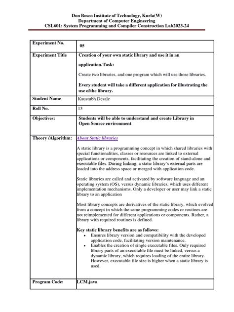 Exp 5 Static Library A 13 Kaustubh Desale Pdf Library Computing Computing