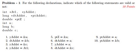 For The Following Declarations Indicate Which Of The