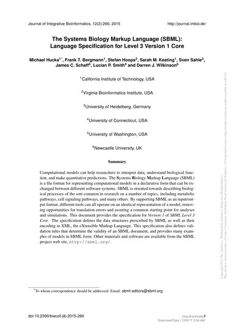Pdf The Systems Biology Markup Language Sbml Language Specification For Level 3 Version 1 Core
