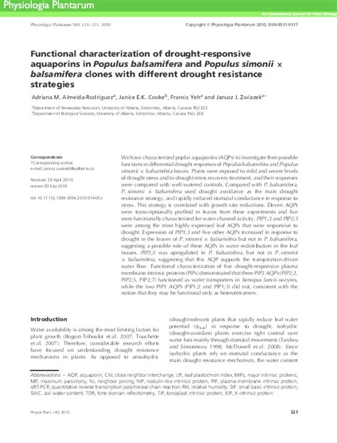 Pdf Functional Characterization Of Drought‐responsive Aquaporins In Populus Balsamifera And