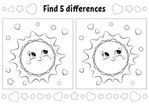 다섯 가지 차이점을 찾기 어린이용 색칠 페이지 어린이용 활동 워크 터 일러스트레이션 바탕에 고립 프리미엄 벡터