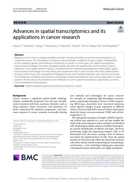 Pdf Advances In Spatial Transcriptomics And Its Applications In Cancer Research