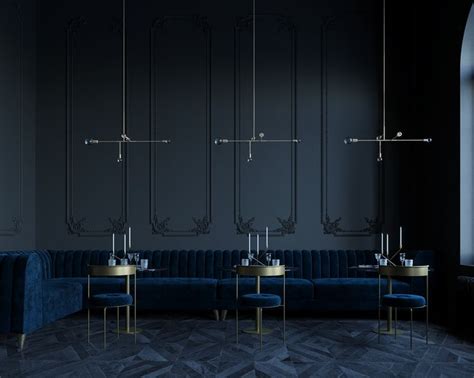 Dark Restaurant Interior Design With Blue Velvet Couches And Gold Tables